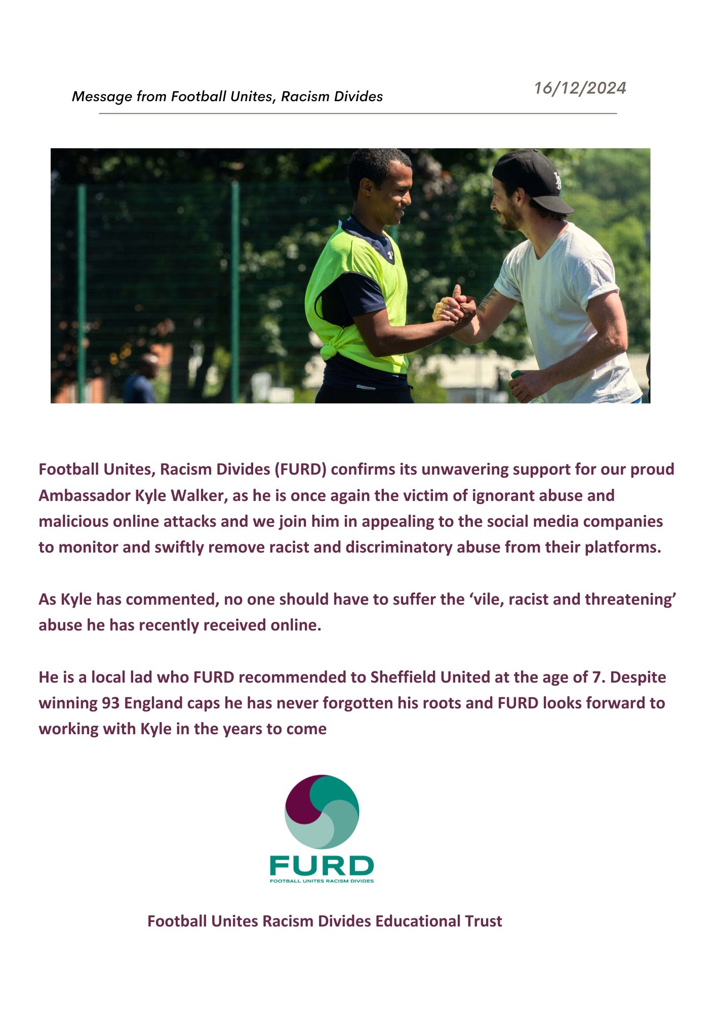 FURD stands against the racism faced by Kyle Walker | FURD